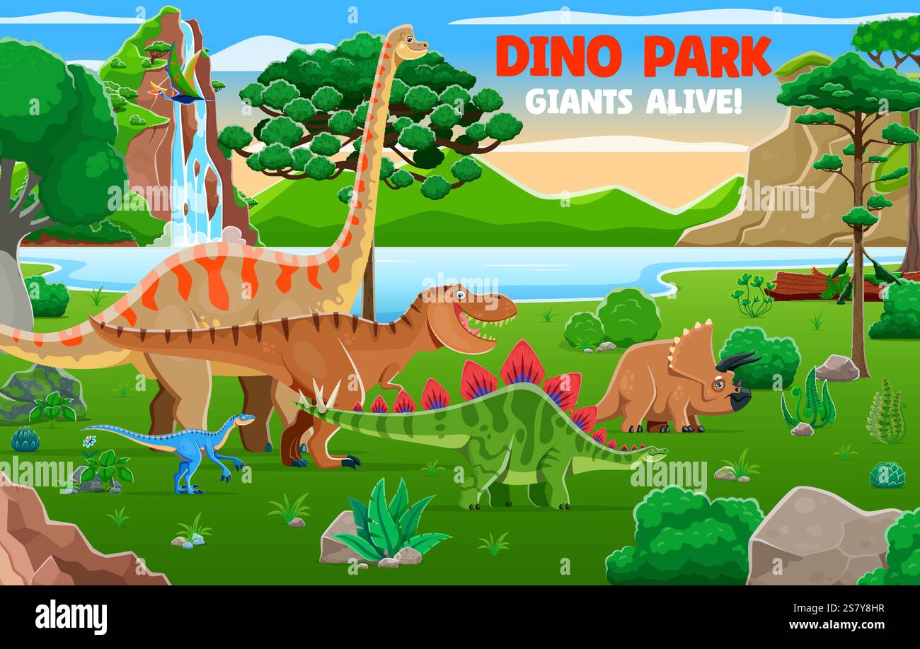 Dino park landscape with prehistoric dinosaurs. Paleontology museum ...