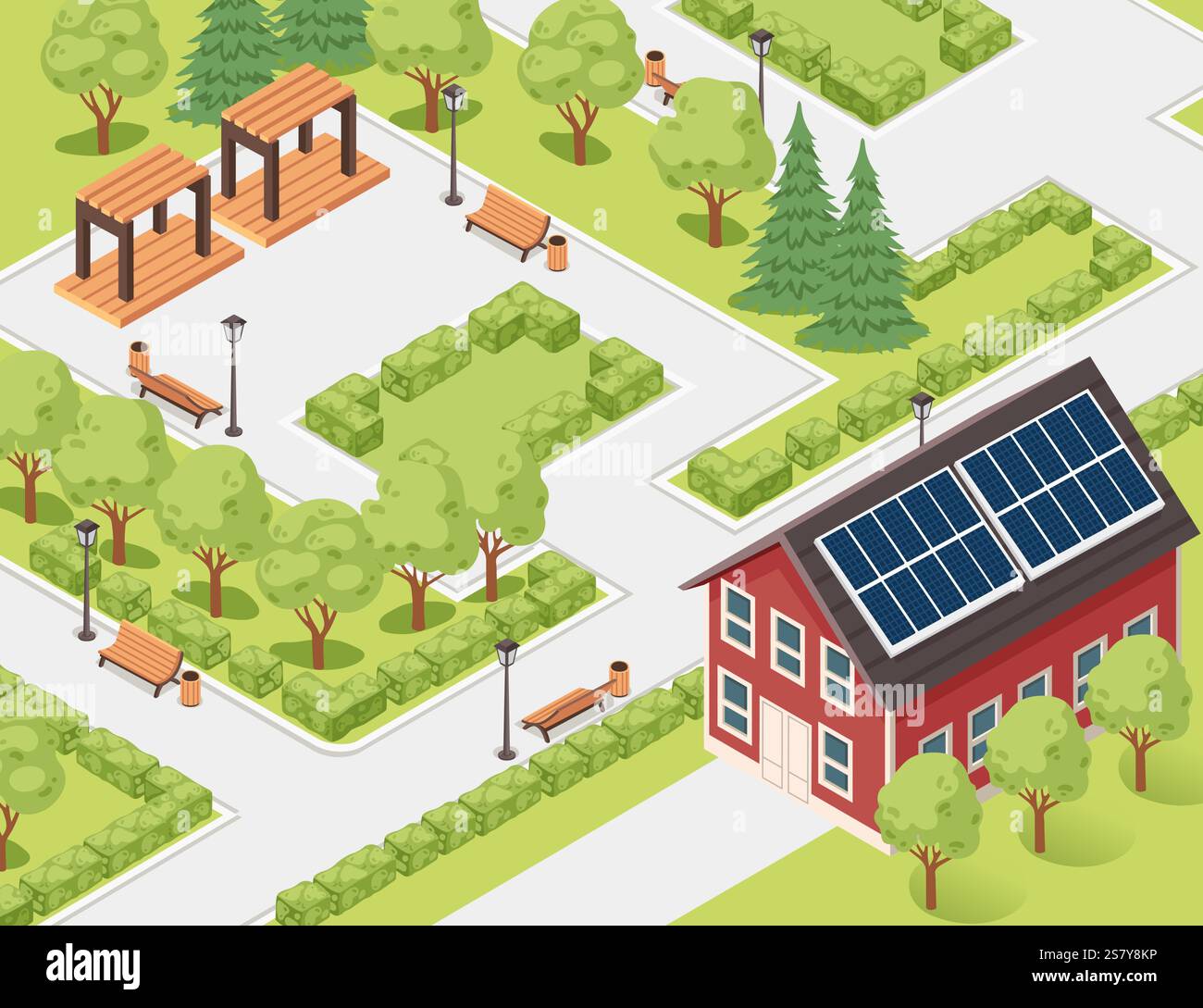Isometric park with trees, benches, pathways, and a gazebo. Perfect for ...