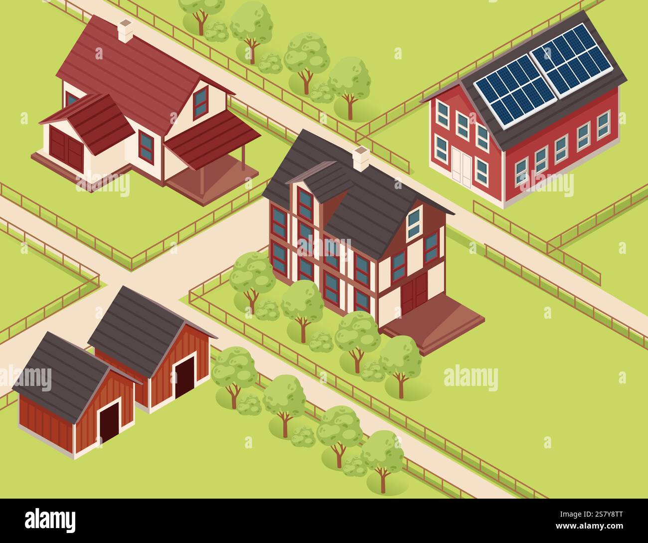 Isometric rural area with houses, solar panels, gardens, and farmland ...