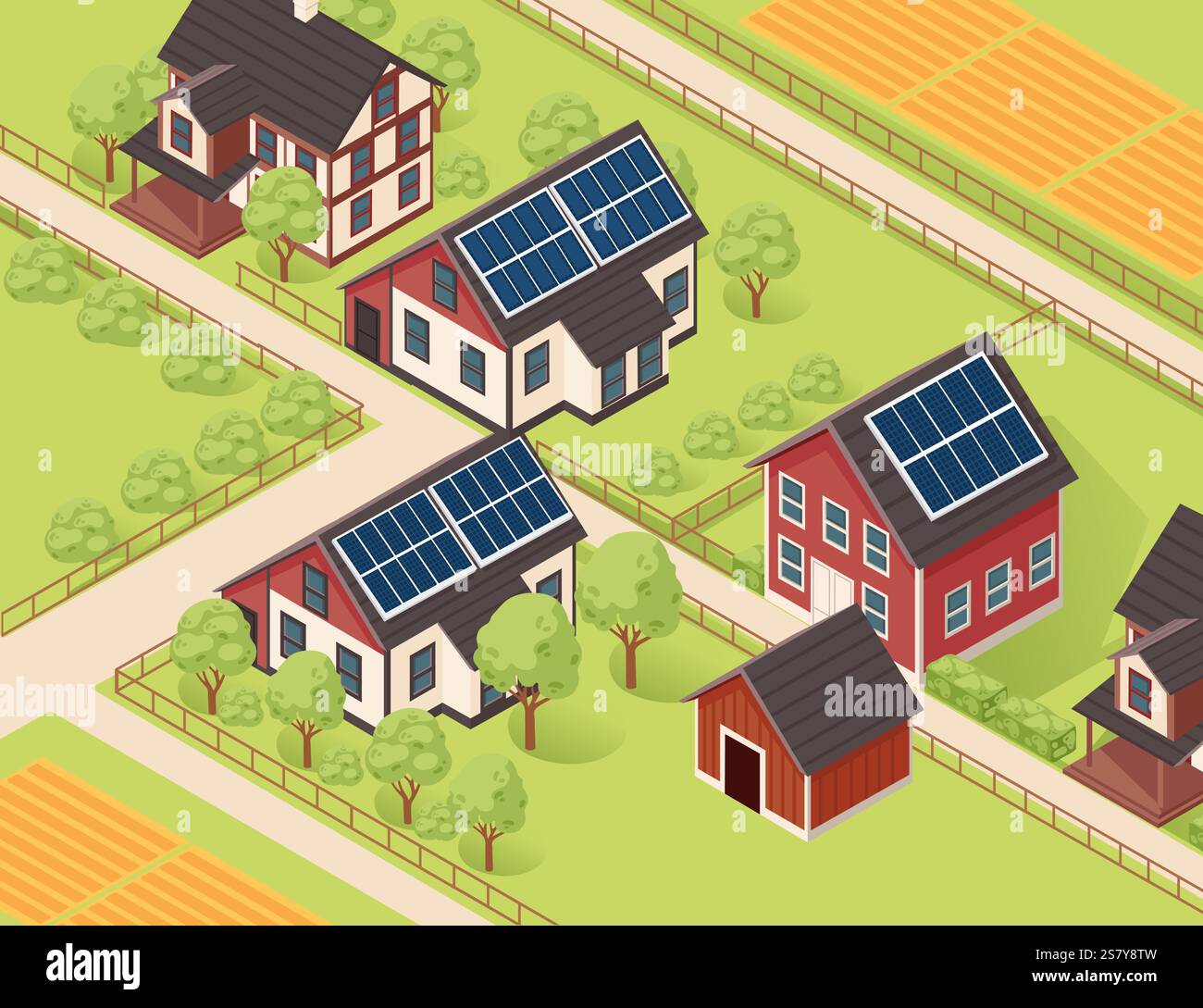 Isometric village setup featuring houses, solar panels, sheds, farmland ...