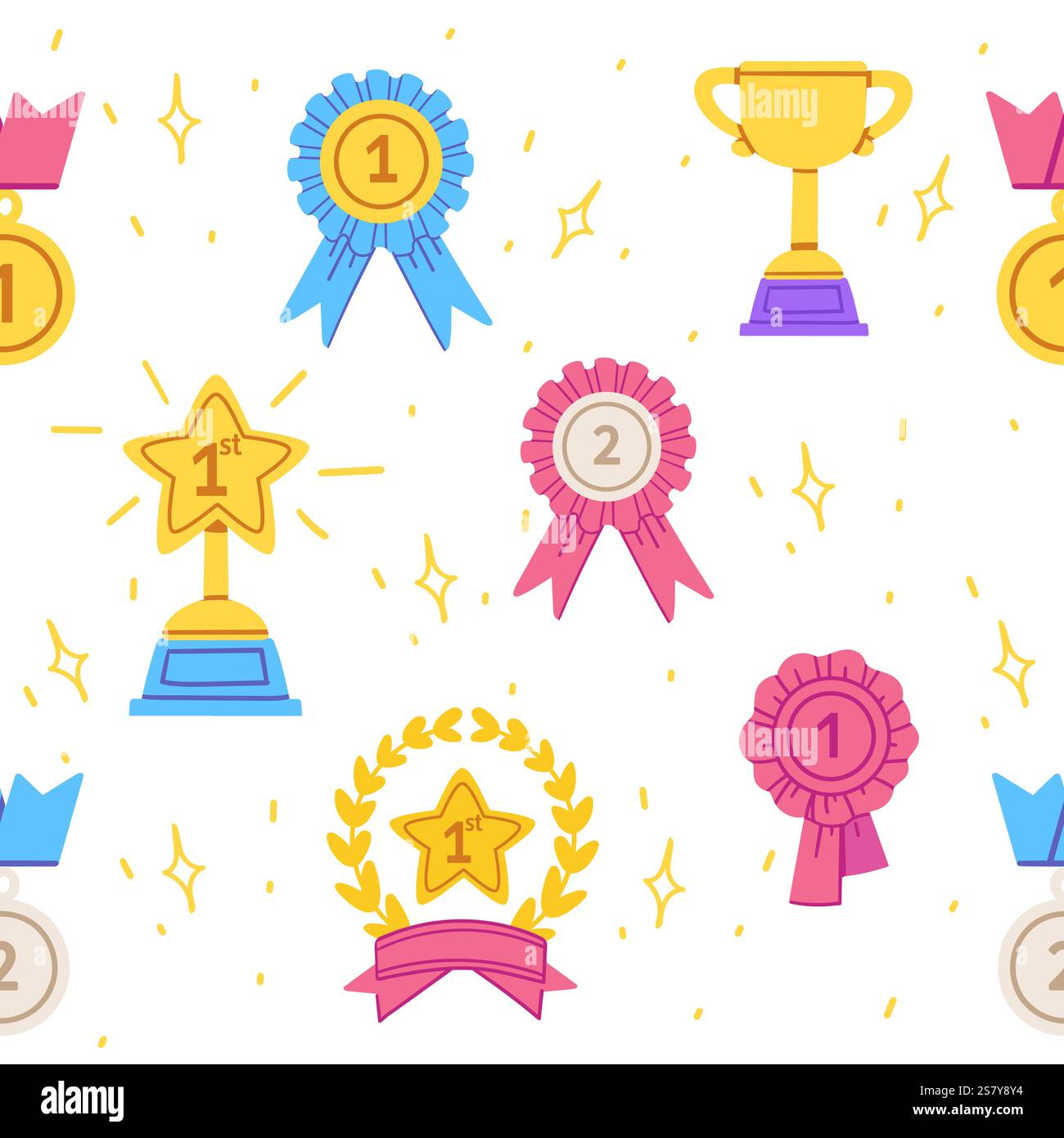 Ribbons, trophies, and medals in a celebratory layout with stars and ...