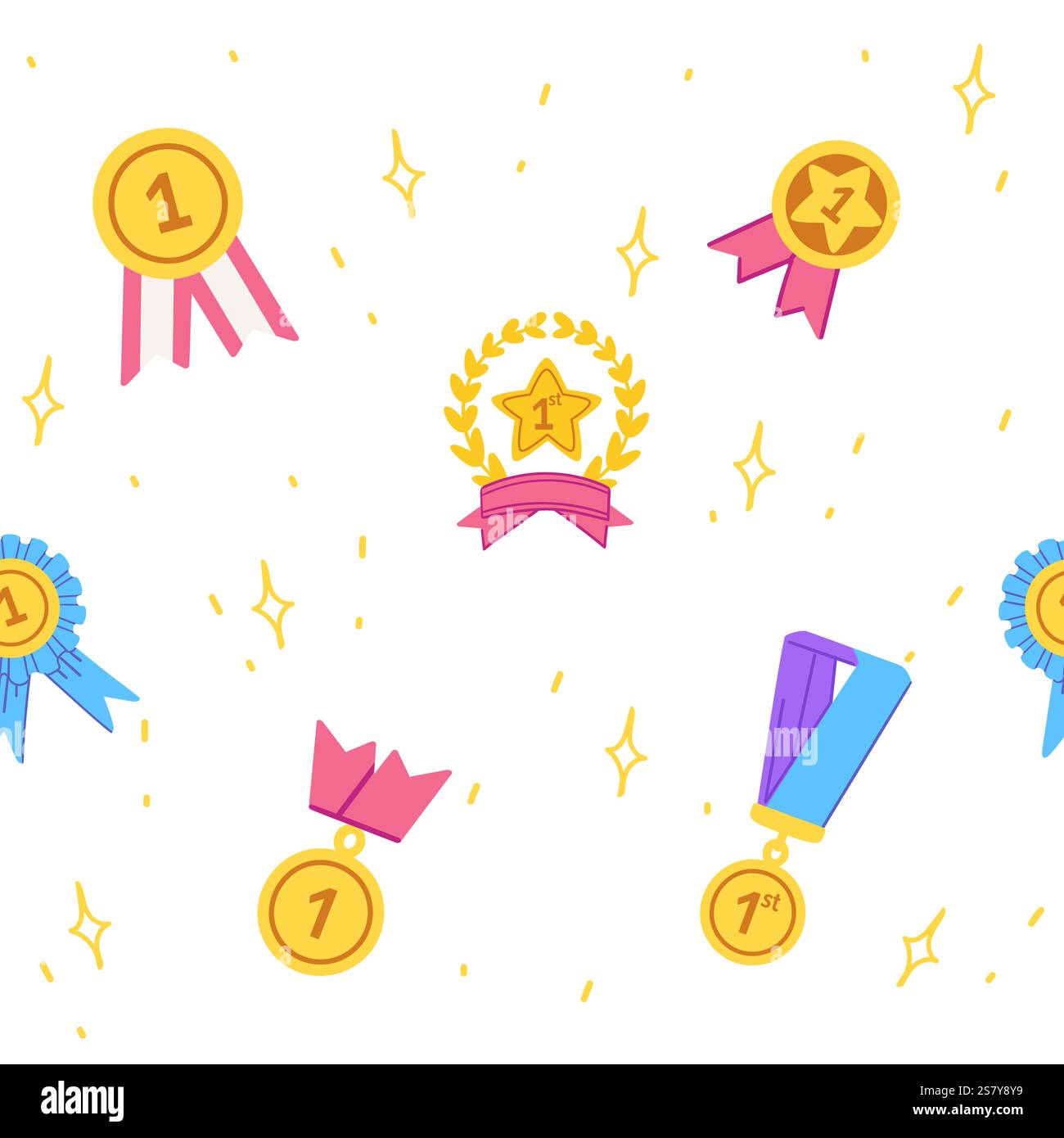 Medals, ribbons, and laurels in gold and pink with scattered stars ...