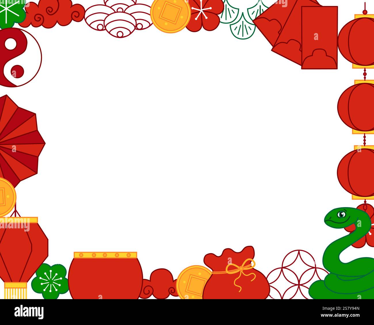 Green snake Chinese graphic line template with cute Snake, red lanterns ...