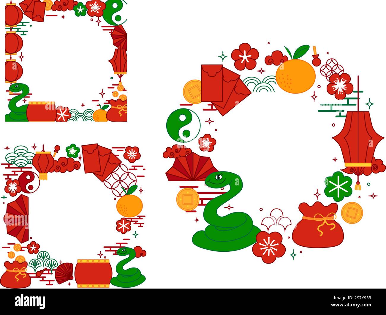 Set of Chinese graphic line oval frames with cute green Snake, red ...