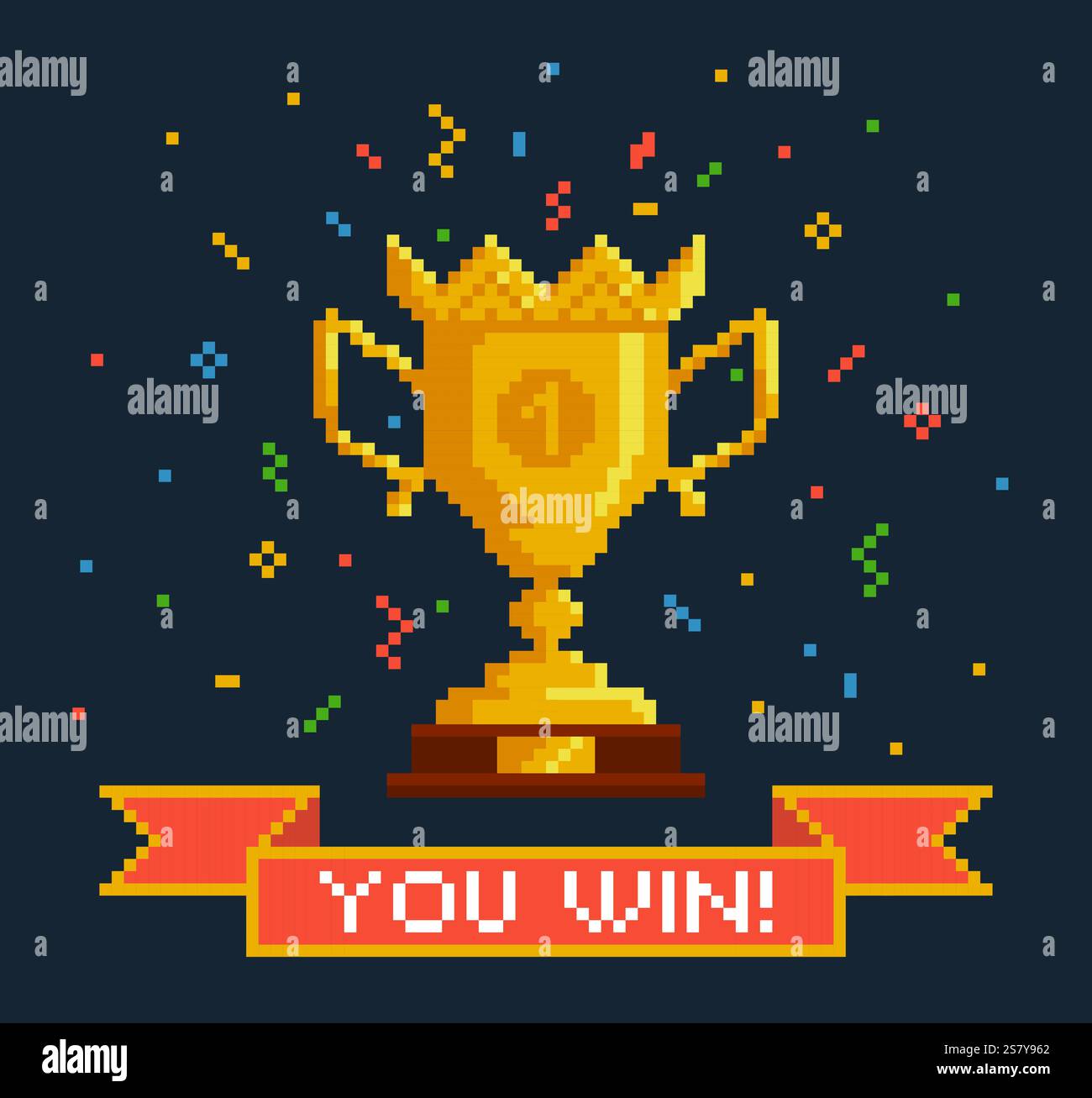 Winner game screen. Pixel golden cup, you win sprite, first place award ...