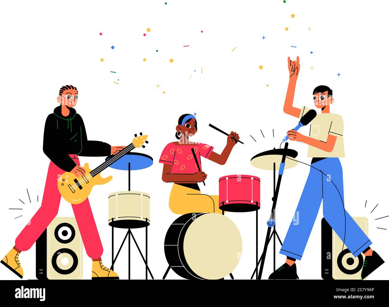 Band Performing With Drummer And Vocalist In Flat Vector Illustration ...