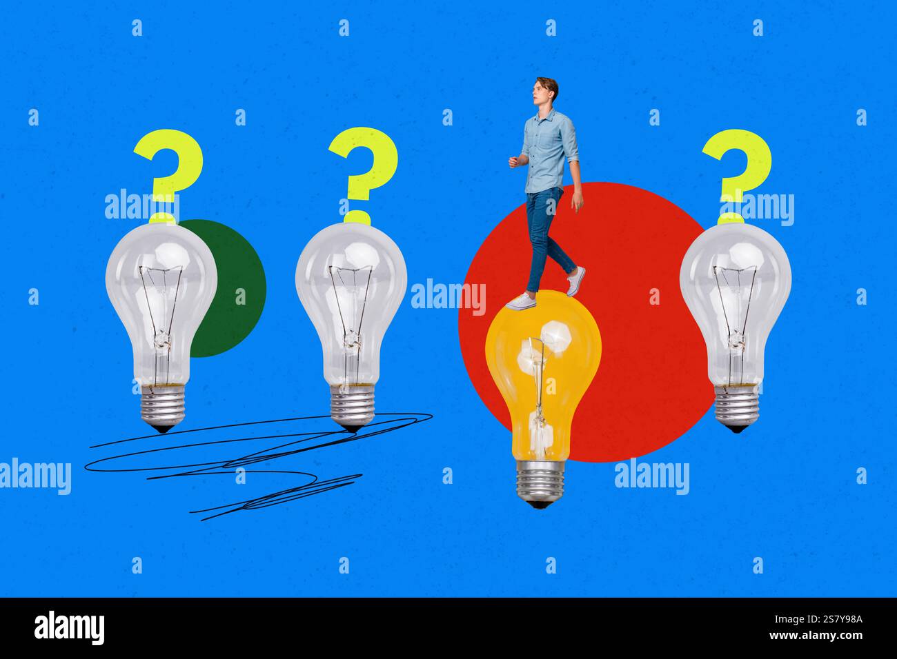 Contemporary sketch collage of serious man walk light bulb power choose ...