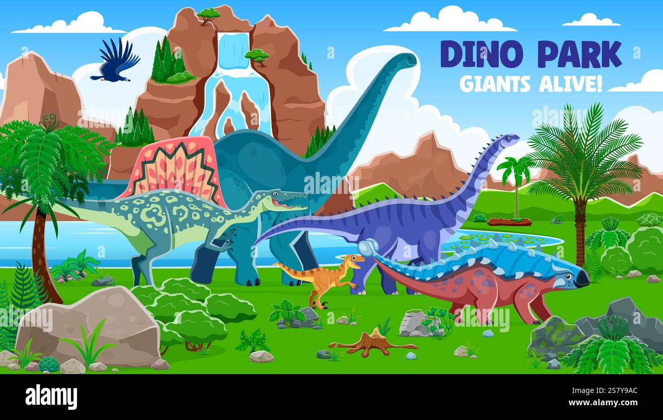 Dino park landscape with prehistoric dinosaurs. Vector Jurassic era ...