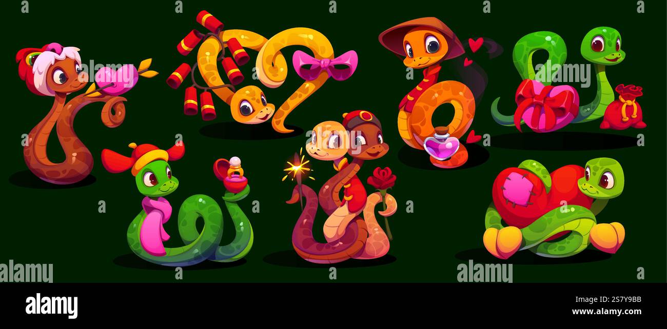 Cartoon Asian snake characters with love feelings and hearts, valentine ...