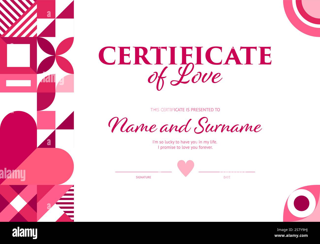 Valentine day certificate of true love with pink geometric shapes ...