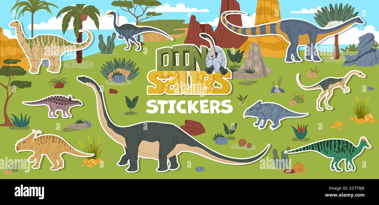 Stickers pack of prehistoric giant dinosaur characters in tropical ...