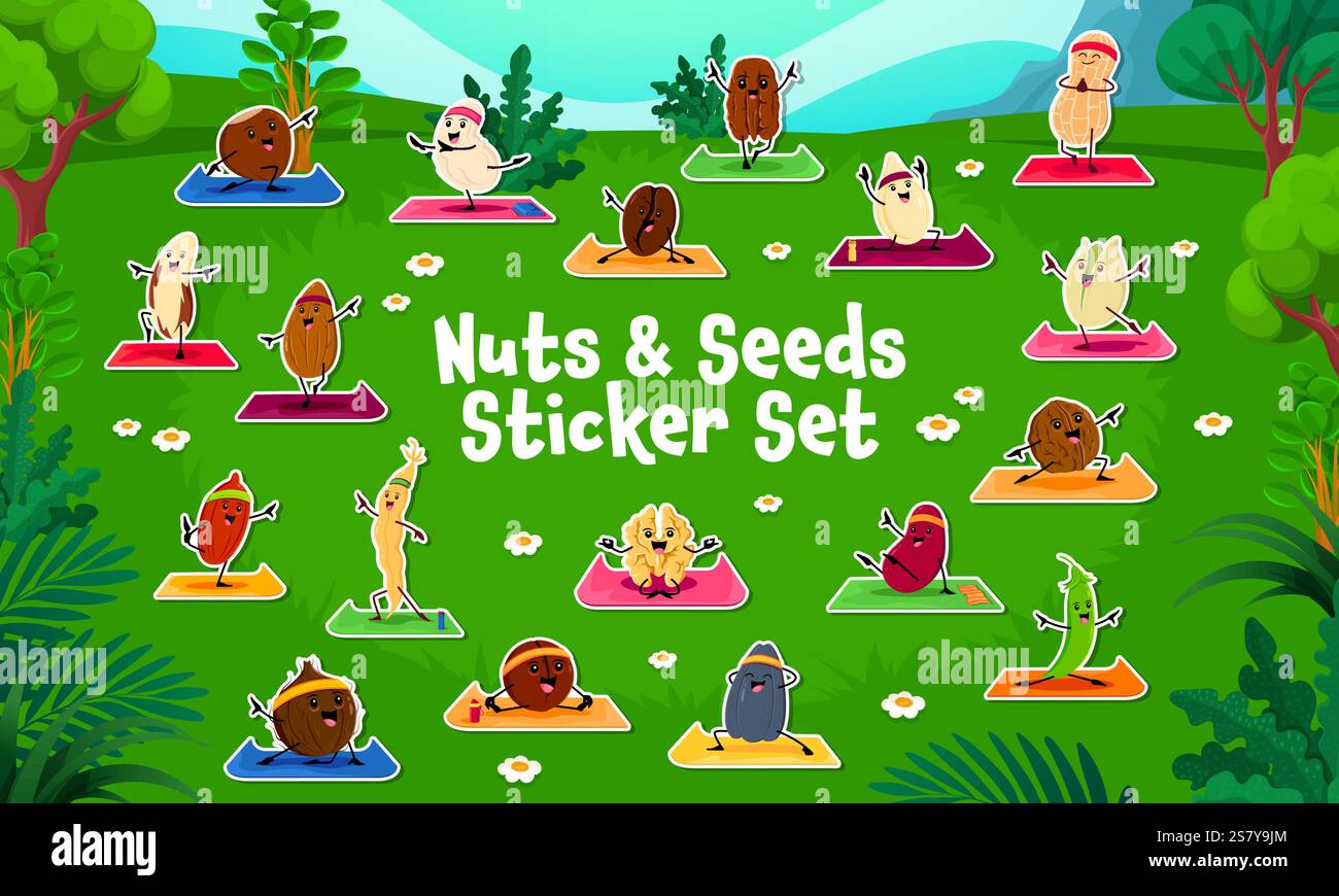 Cartoon nut characters on yoga fitness sport, stickers pack. Vector ...
