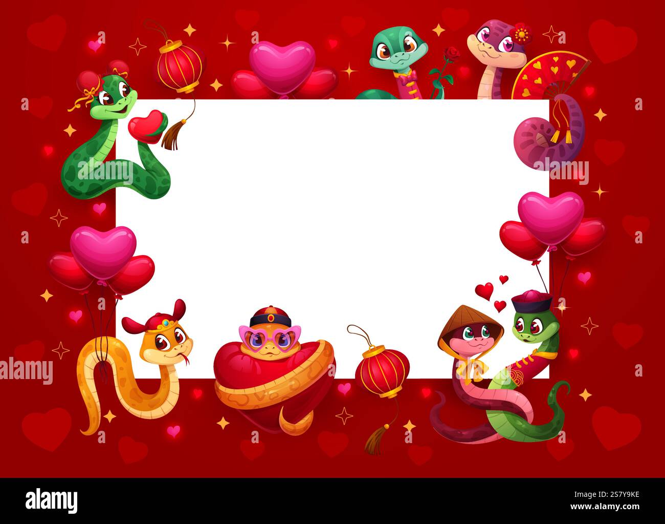 Valentine day banner with love hearts and snake characters, vector ...