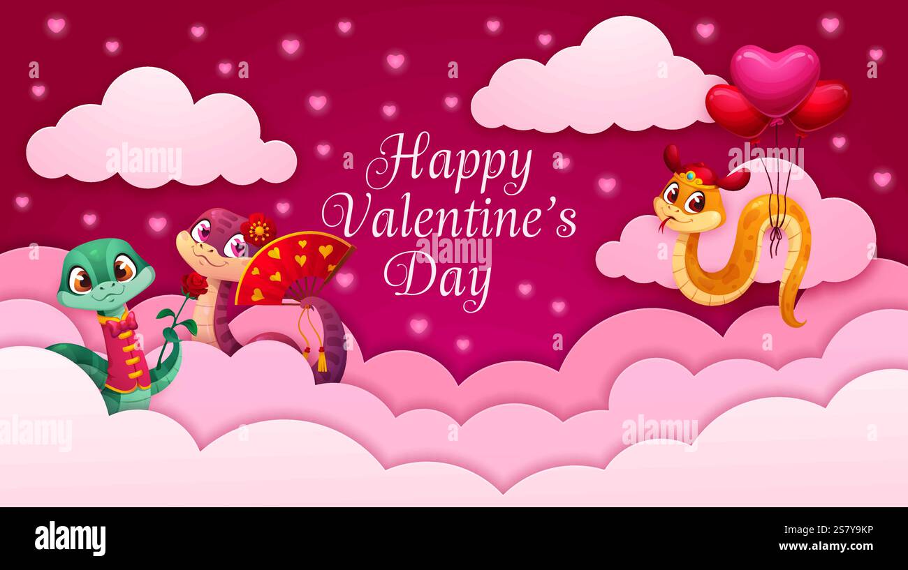 Paper cut Valentine day greeting card with pink sky clouds and cheerful ...