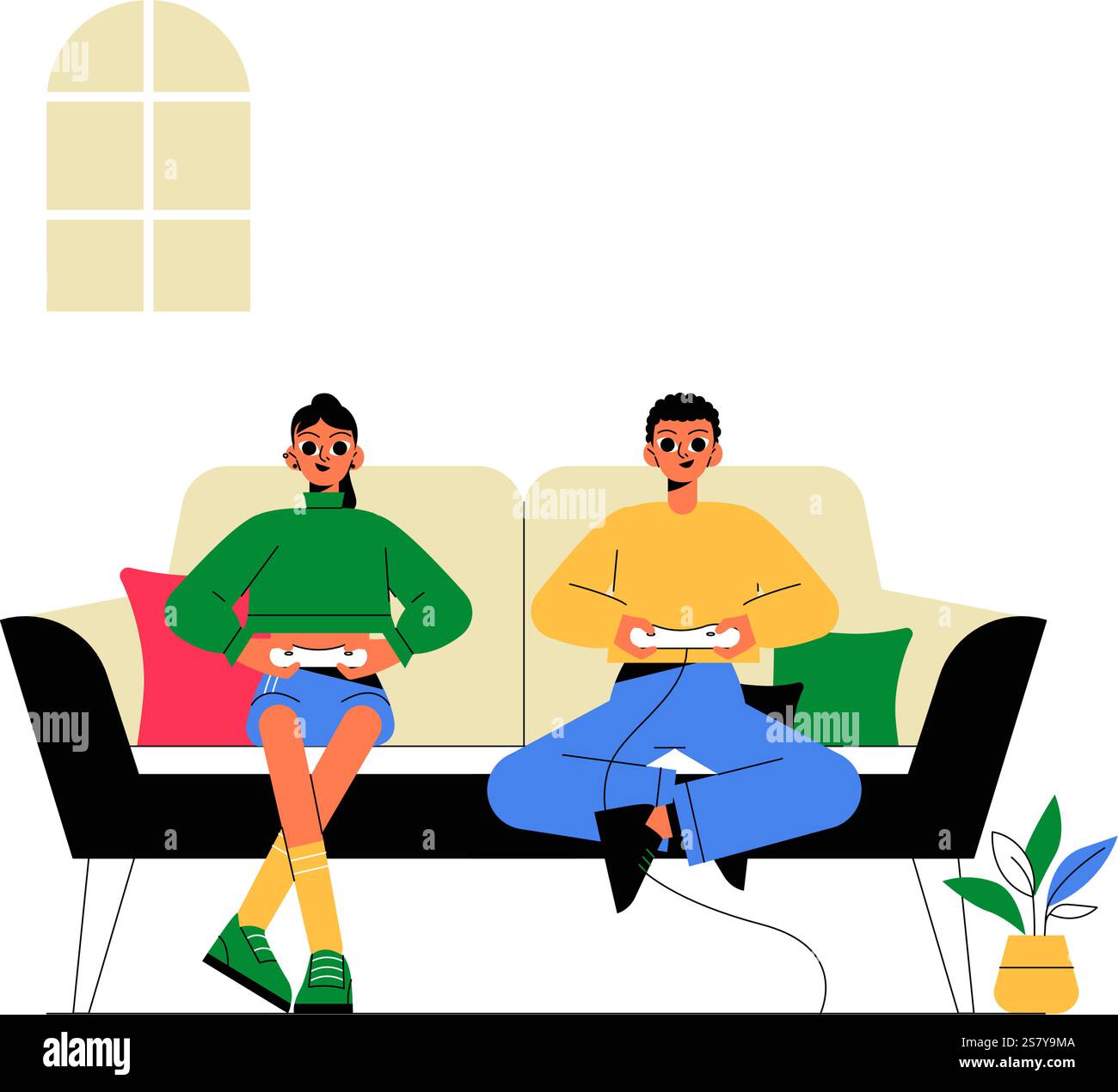 Two Friends Playing Video Games In Flat Vector Illustration Symbolizing ...