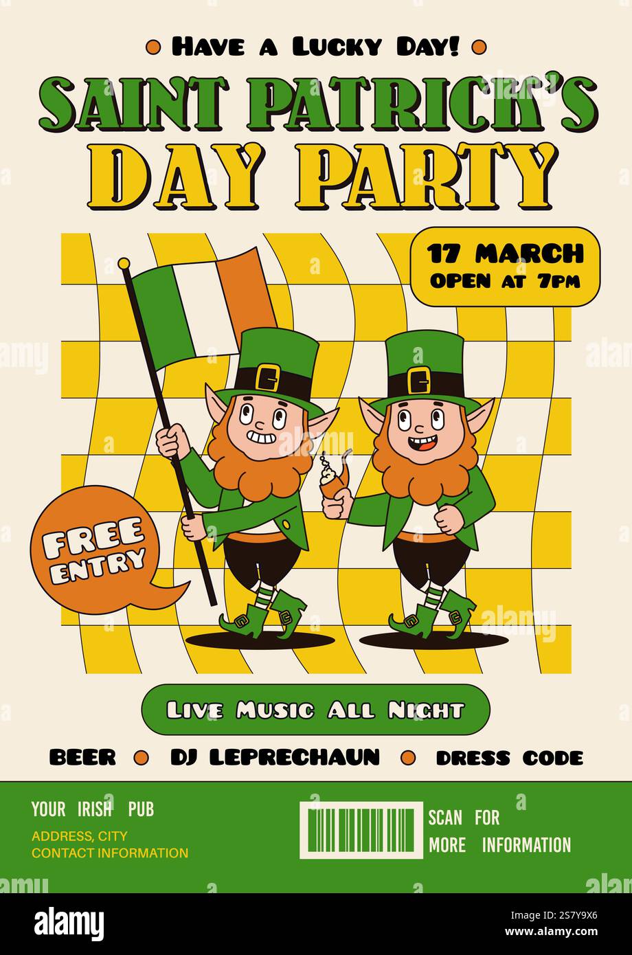 Patrick day poster. Funny leprechauns at beer parade, march 17th ...