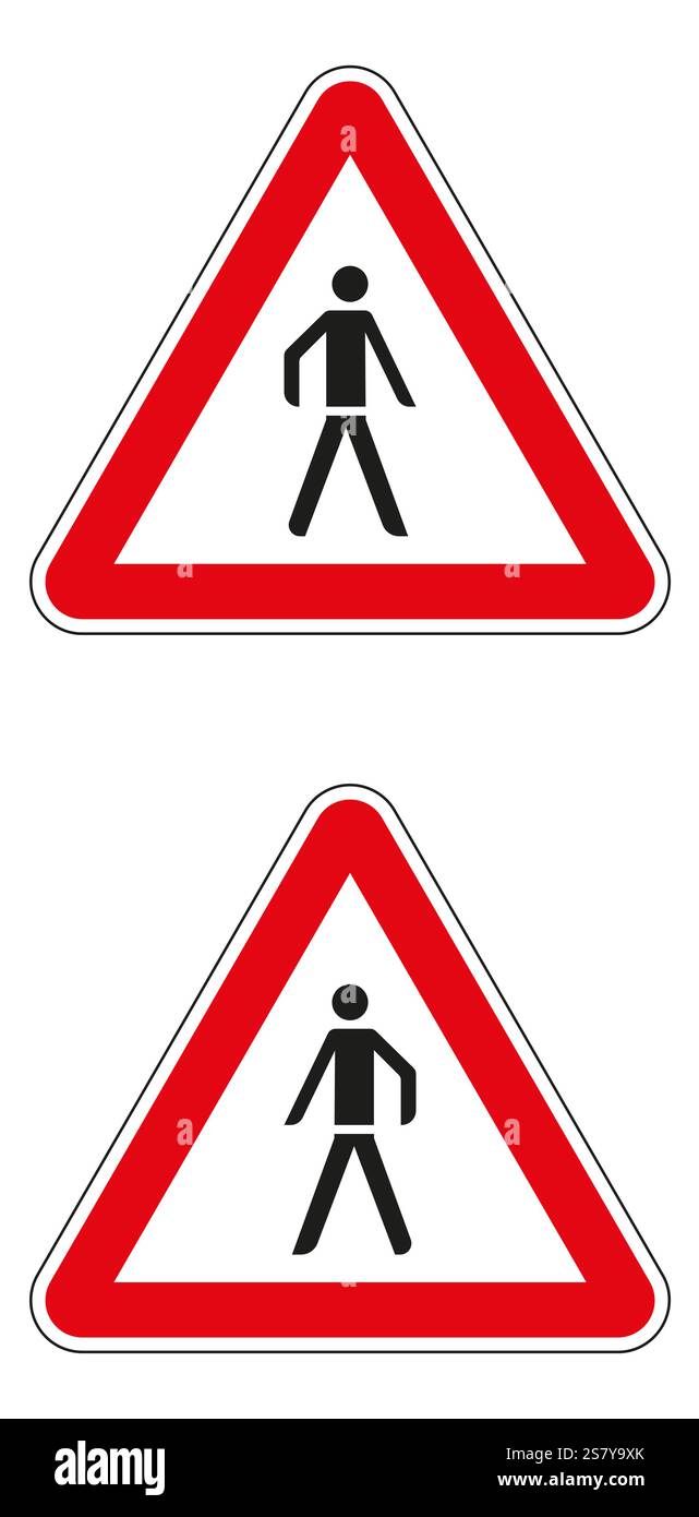 Two pedestrian crossing traffic signs warning drivers about pedestrians crossing the road Stock ...