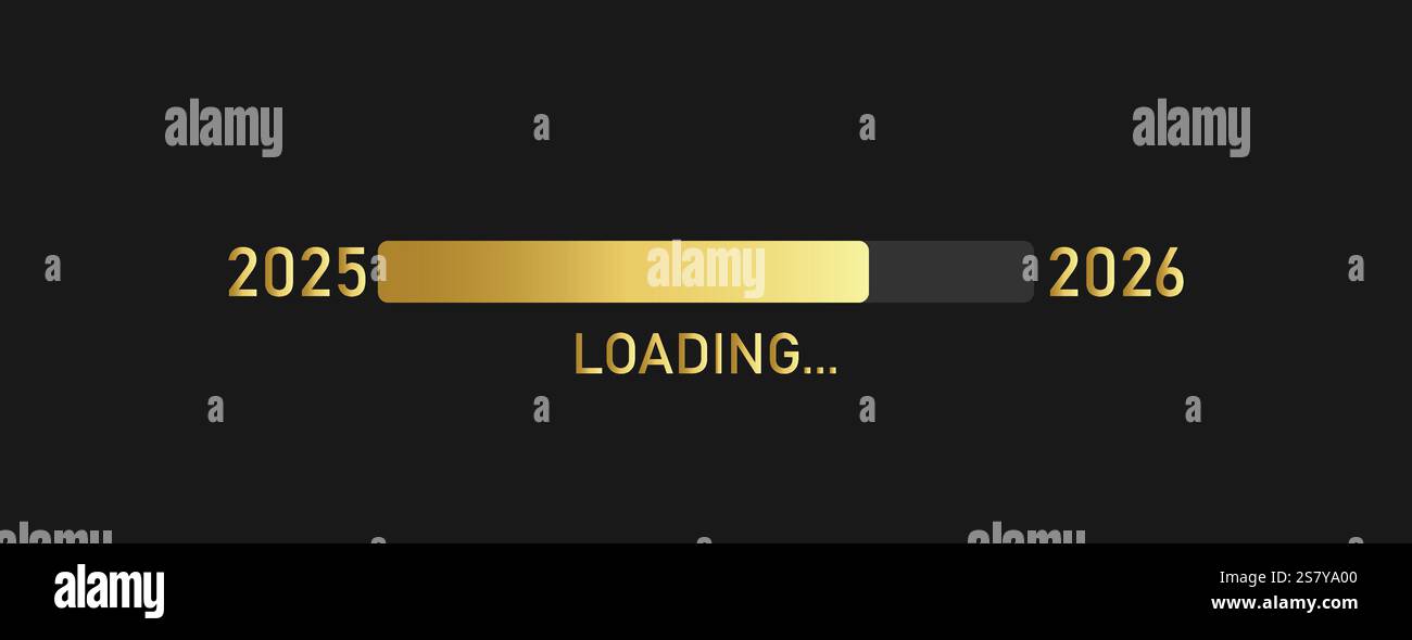 Golden loading progress bar of 2025, 2026 happy new year isolated on black background. New year ...