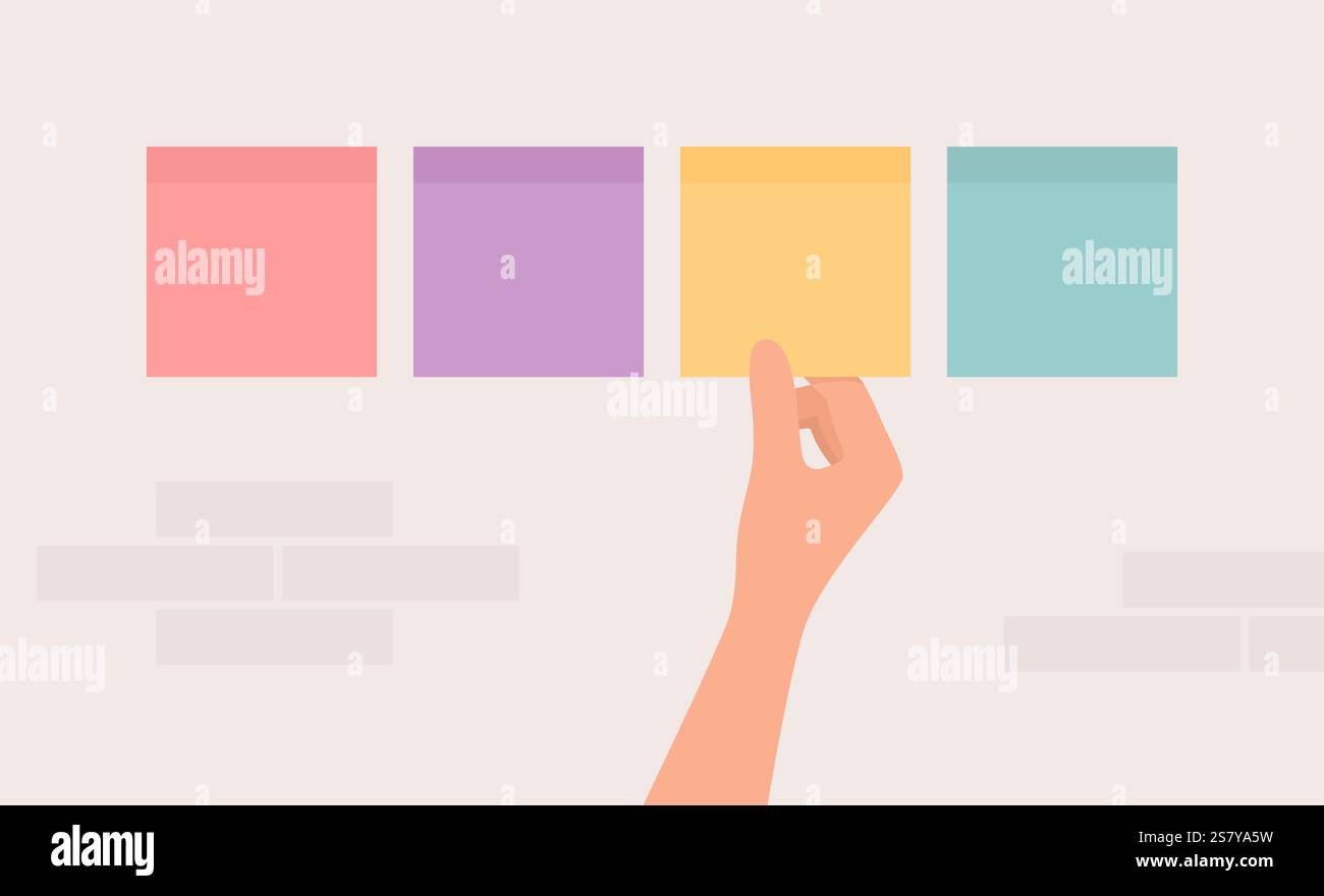 Hand sticking or peeling off a colored note from the wall. Flat vector ...