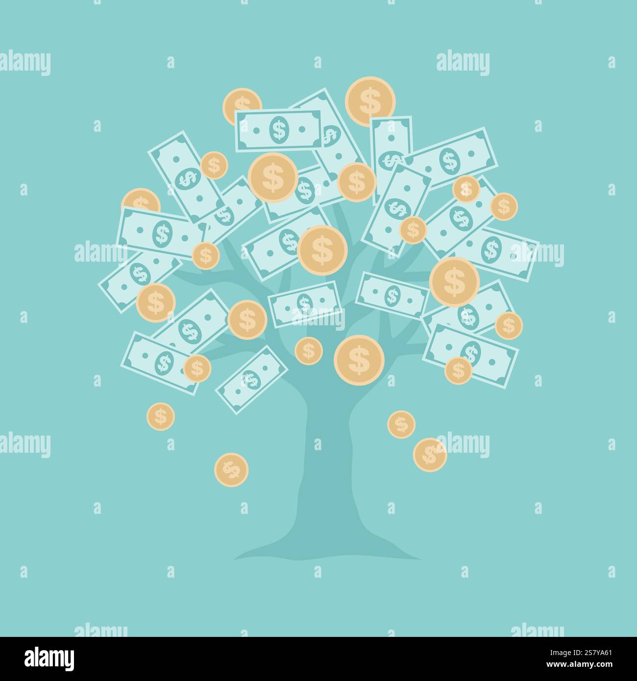 Money tree with banknotes and gold coins on it on a green background ...