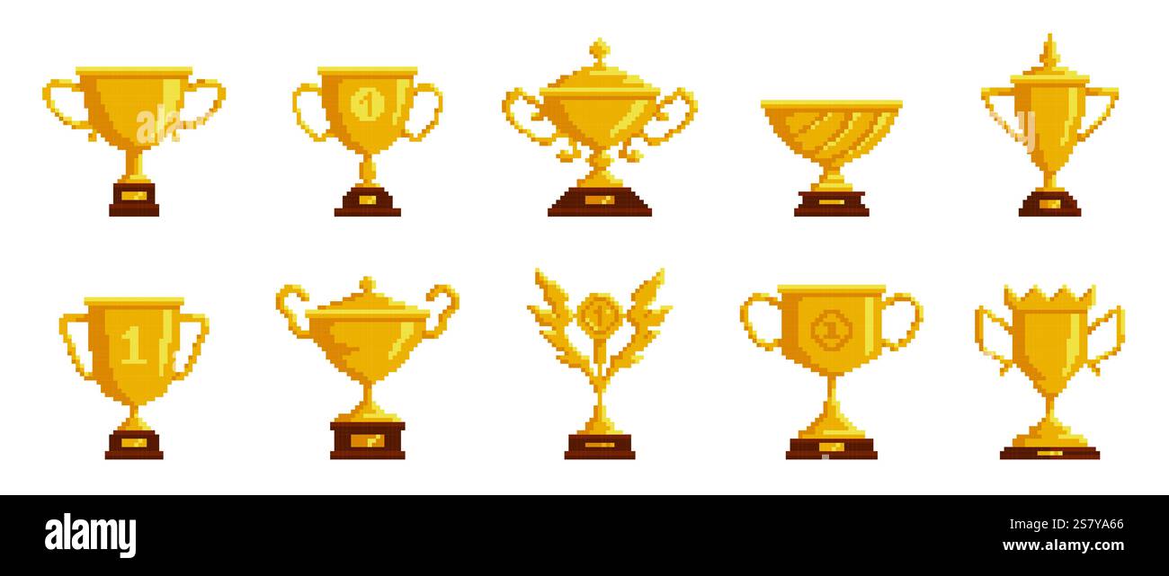 Winner golden cups. Pixel 8 bit game sprites, trophy goblets, mobile ...