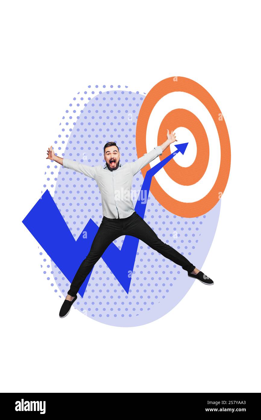 Vertical art banner collage of excited man jump arrow development ...