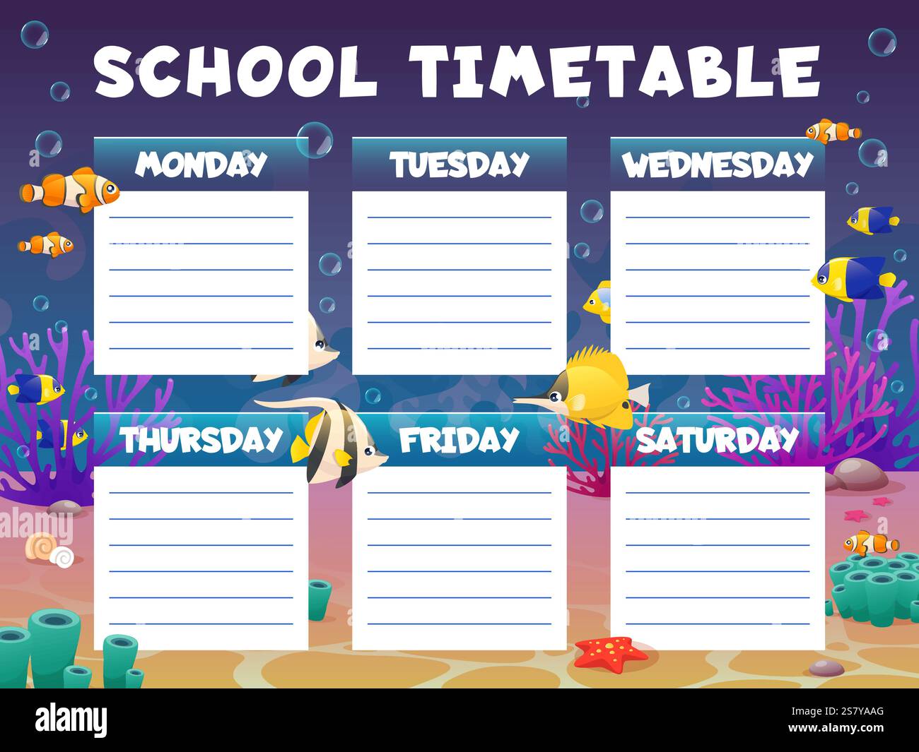 Exotic fish weekly planner. Marine timetable schedule, kids education ...