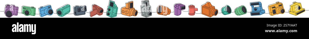 Set of photo camera one line colored continuous drawing. External flash ...