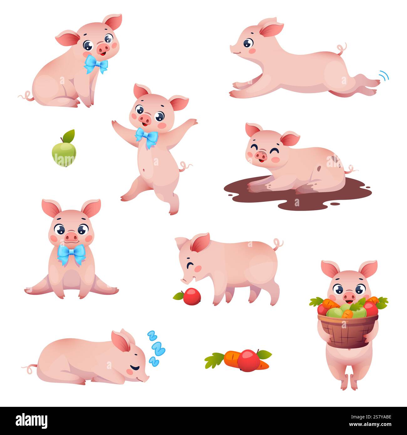 Funny cartoon pigs. Cute farm animals play, eat vegetables, bathe in ...