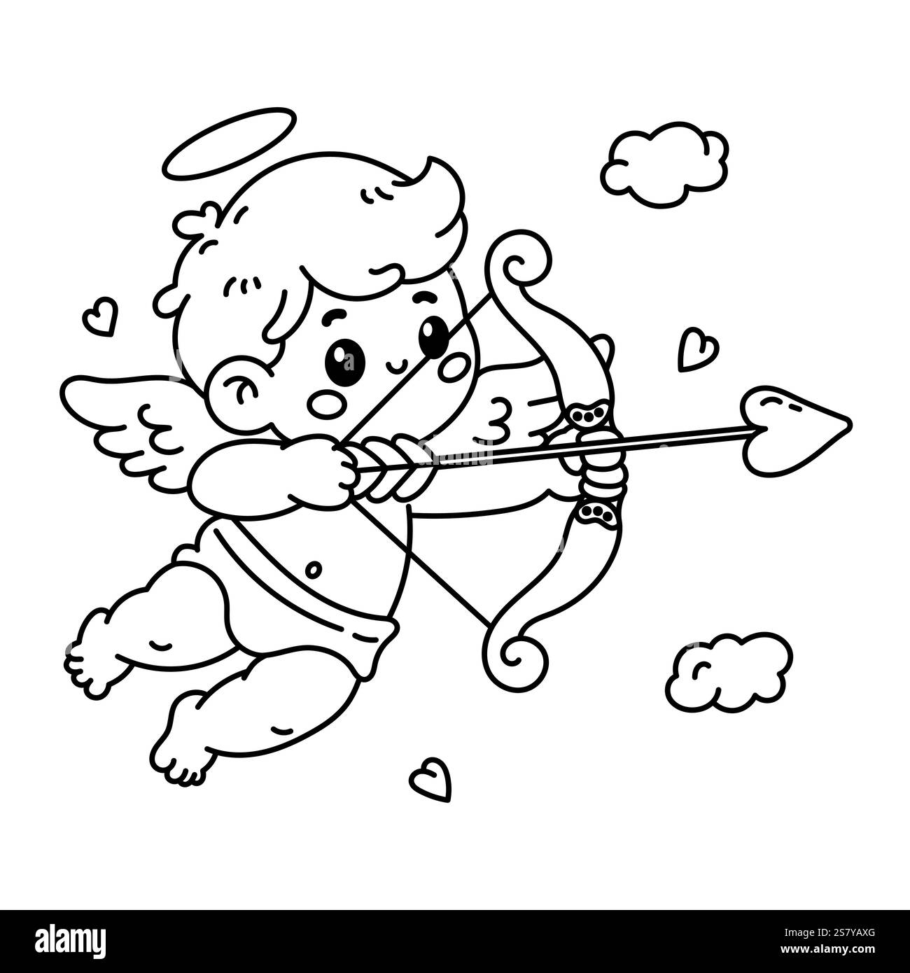 Adorable Cupid illustration with bow and arrow, flying among clouds ...