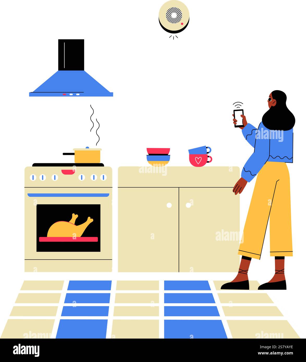 Woman Cooking In Kitchen With Oven And Ingredients In Flat Vector ...