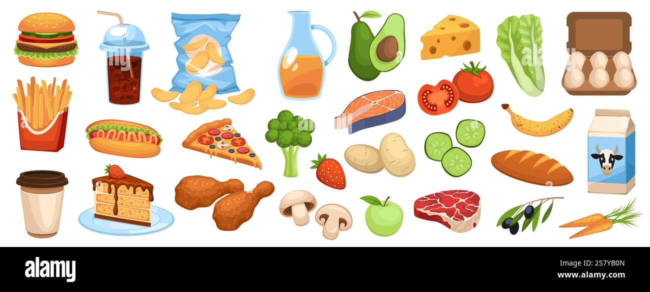 Healthy and junk food. Fast, fried, fatty, carbohydrates, natural ...