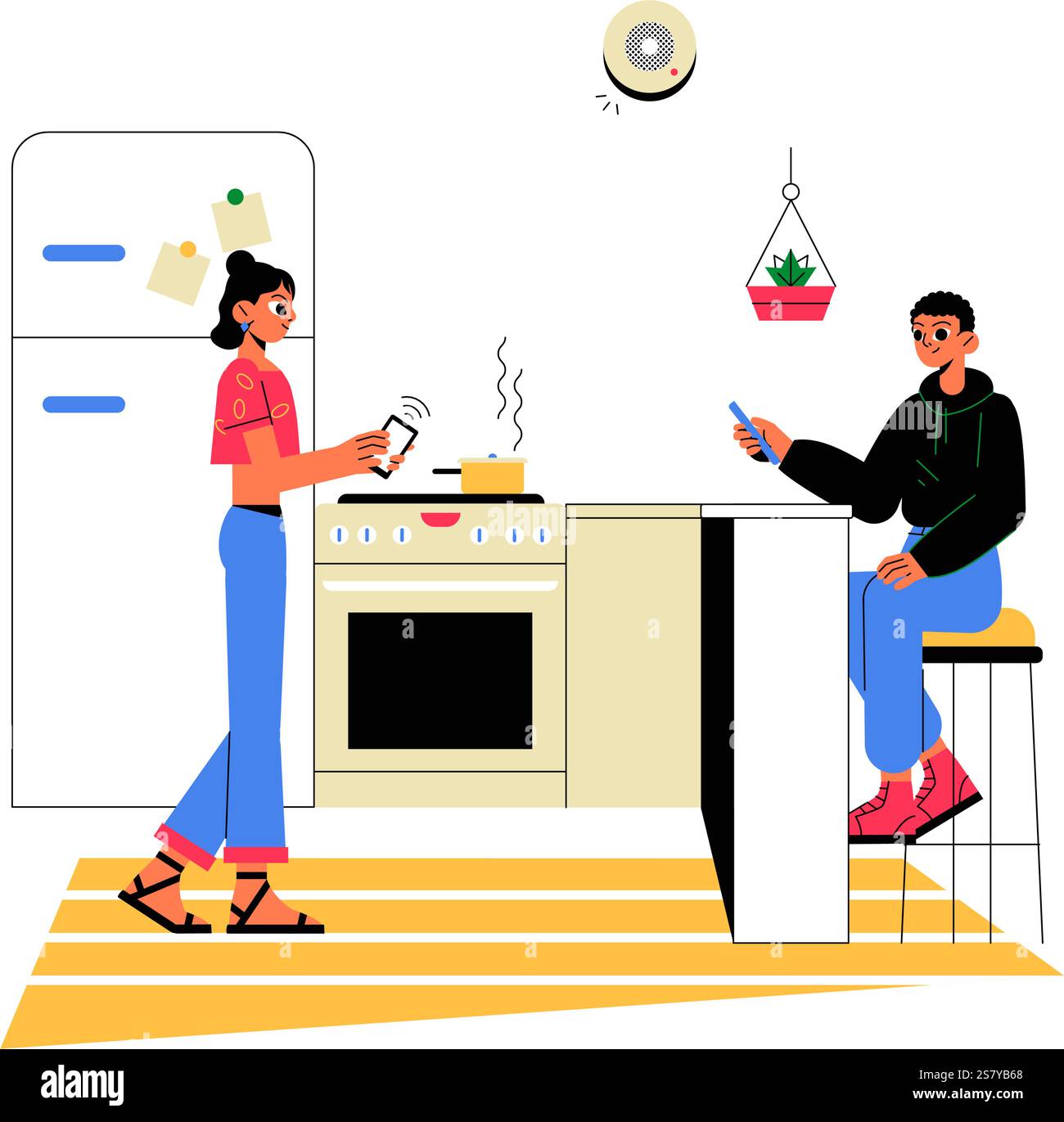 Smart Kitchen Interaction In Flat Vector Illustration Symbolizing ...