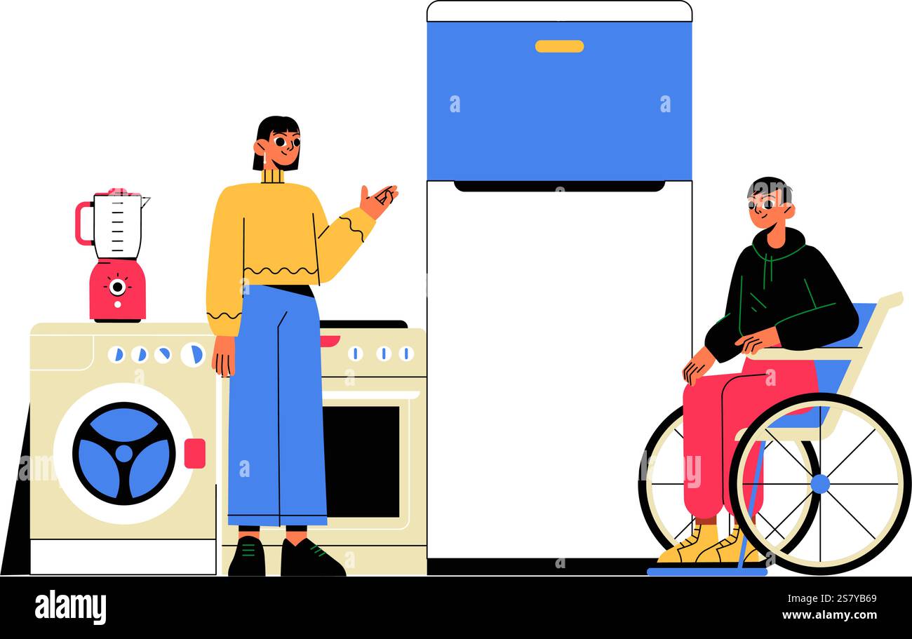 Woman Demonstrating Kitchen Appliances To Man In Wheelchair In Flat ...