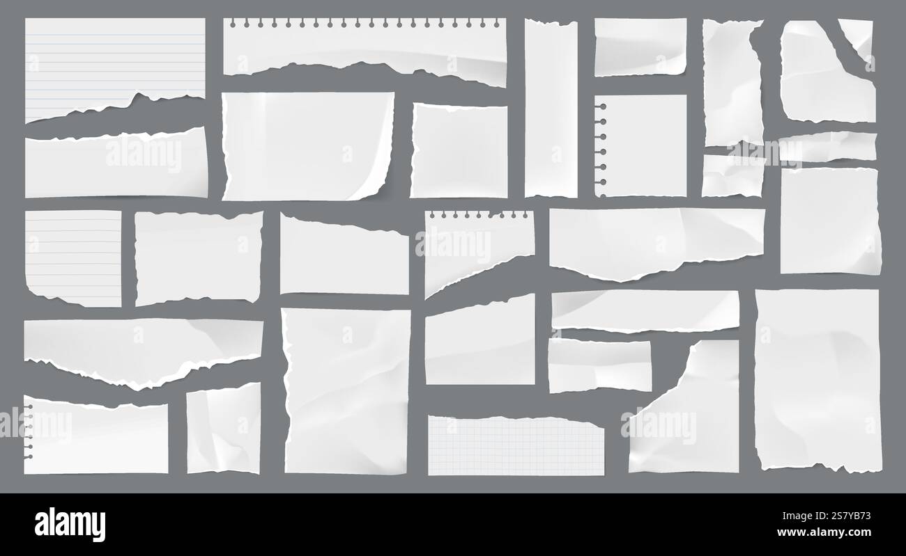 White torn paper texture, rip tear paper pieces and scraps, vector ...