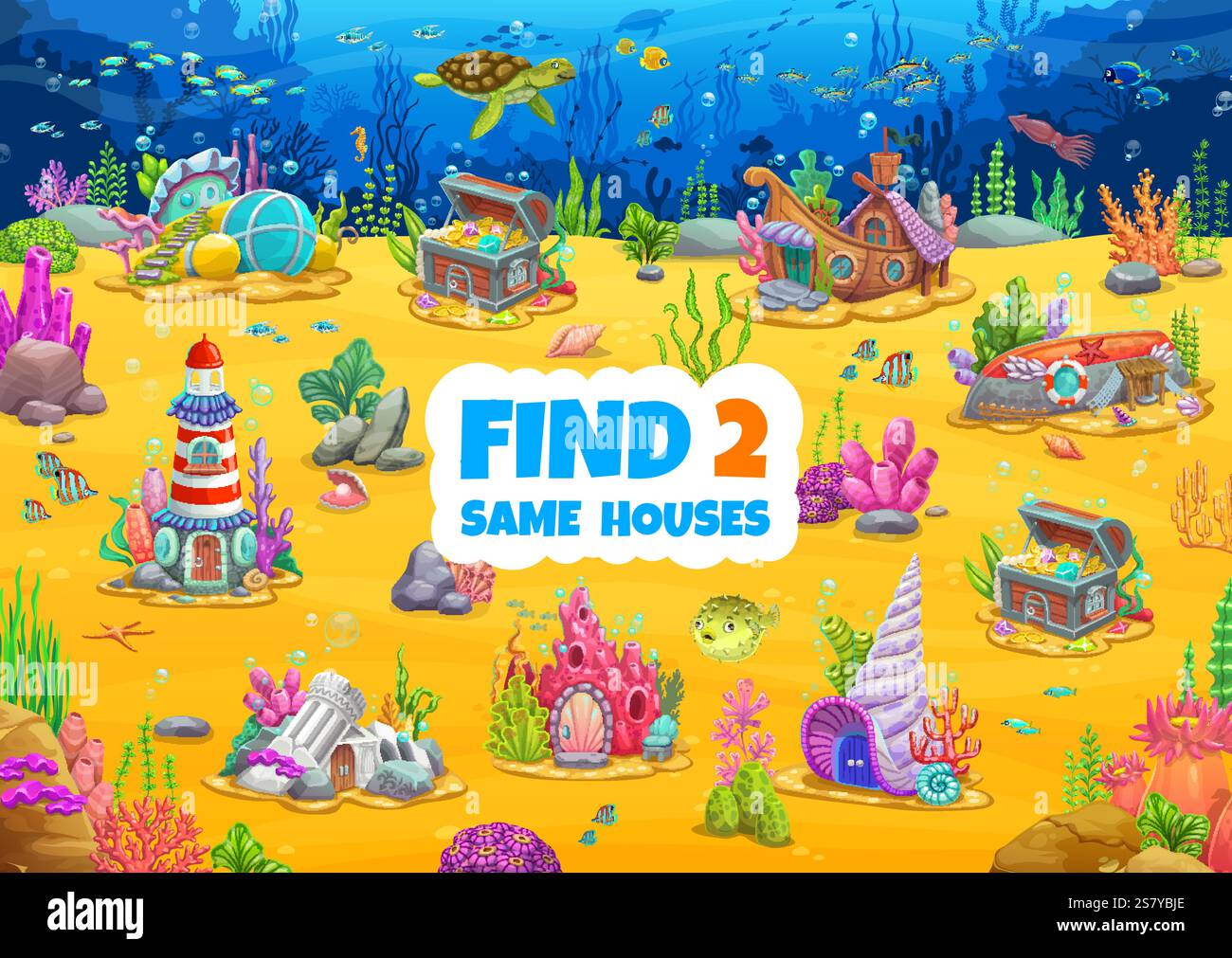 Find two same cartoon underwater houses, kids game worksheet. Same ...