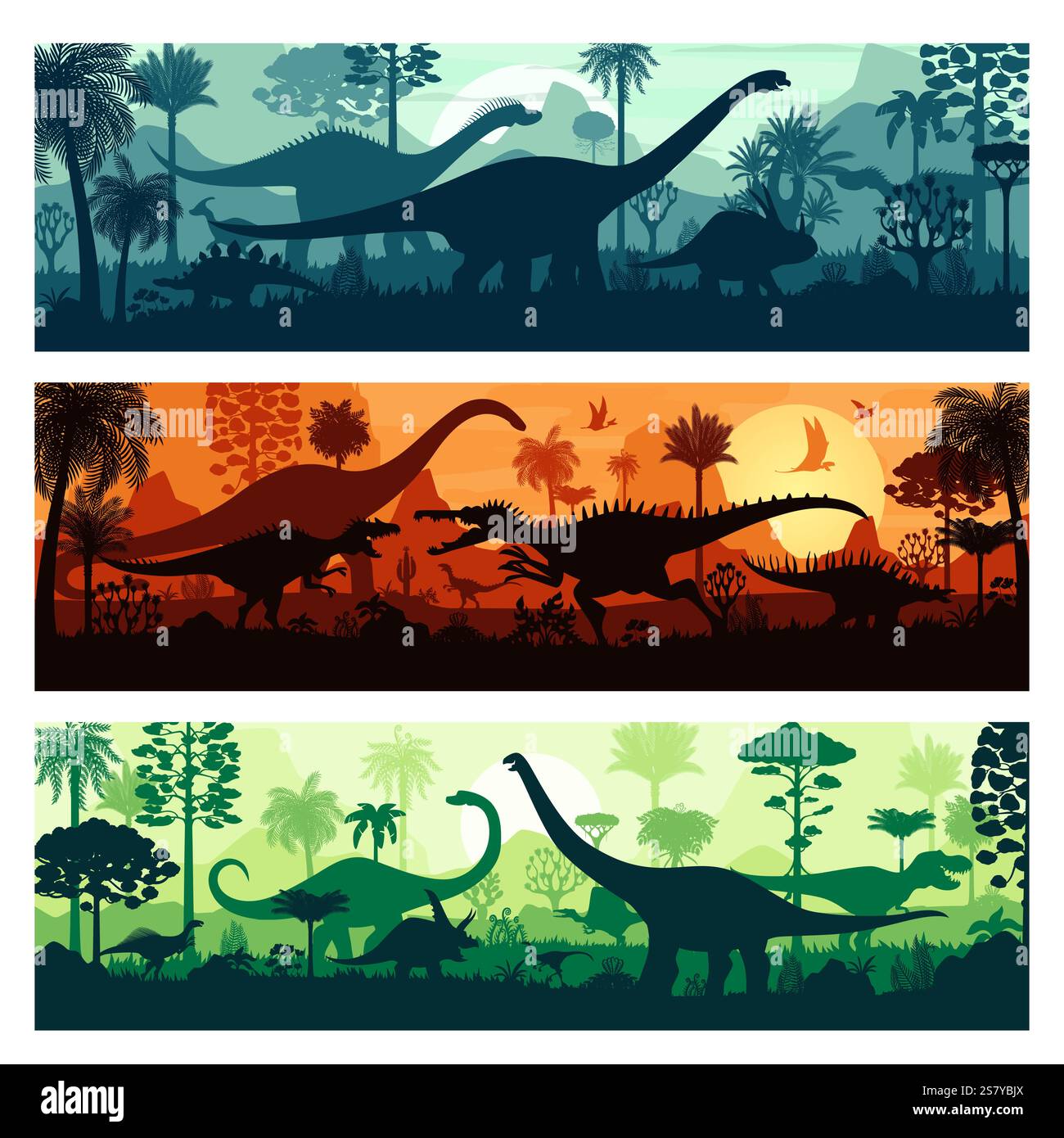 Horizontal banners with prehistoric era landscape and dinosaurs ...