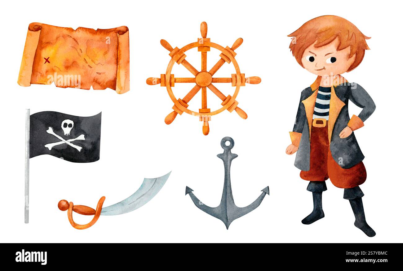 Pirate set with boy, sabre, old treasure map, anchor, ship wheel, and ...