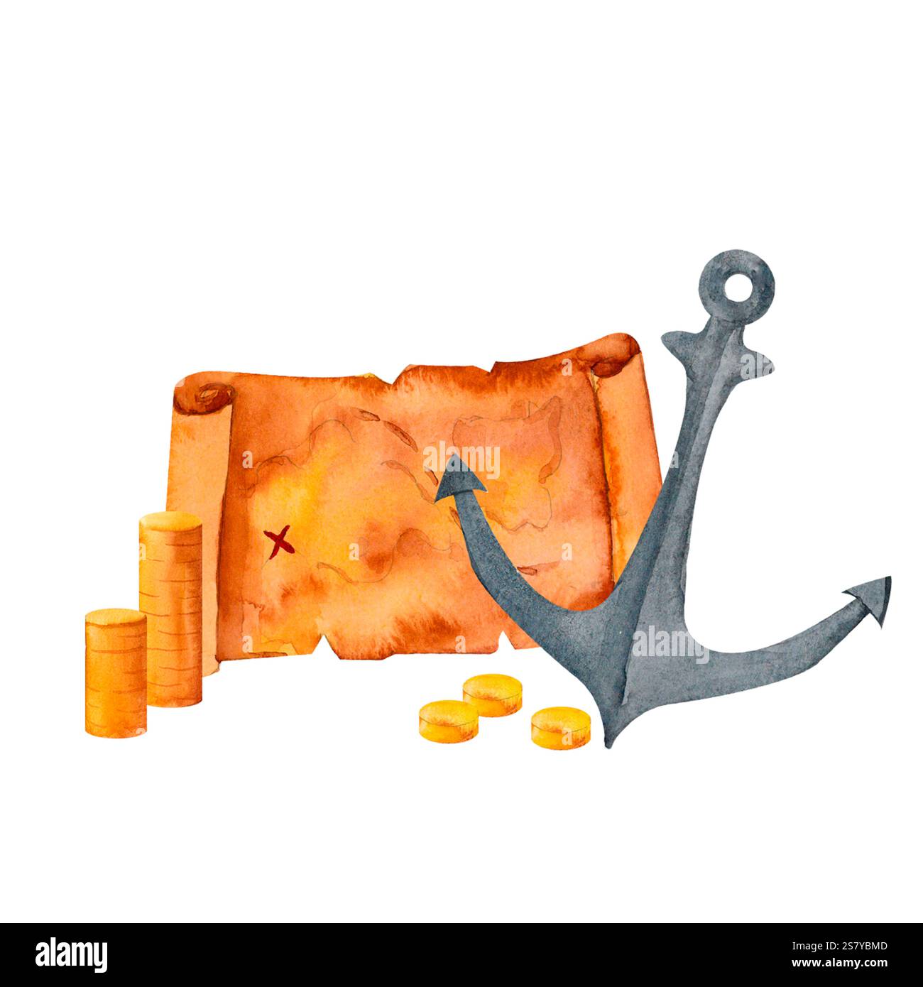 Anchor, ship wheel, treasure map, and gleaming gold coins, evoking the ...