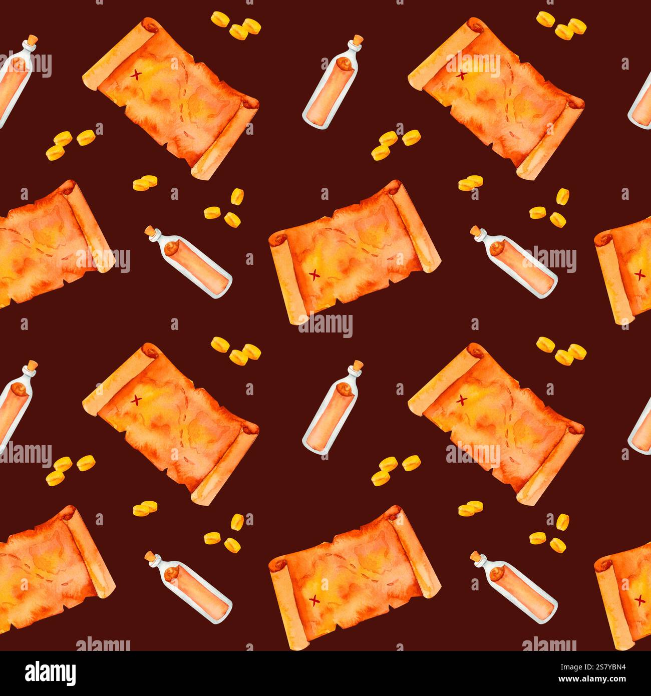 A weathered treasure map, a bottle with a secret note, and golden coins ...