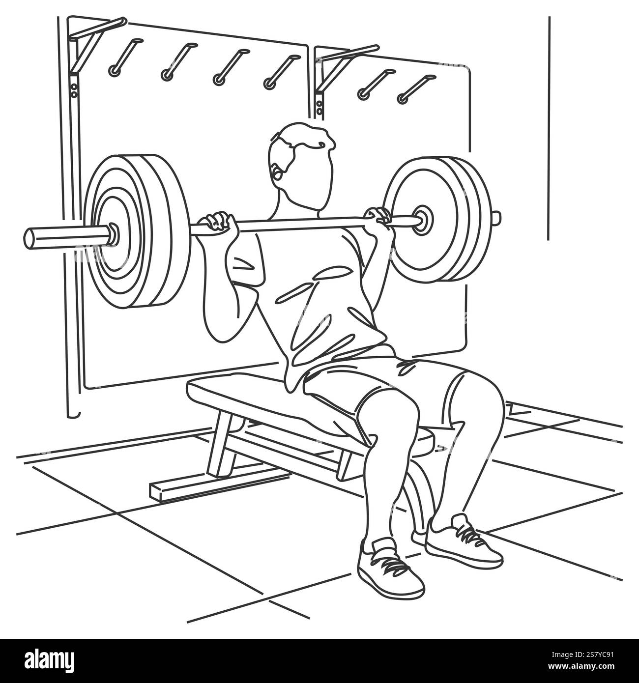 One line drawing or continuous line art of a strong athletic guy lifting weights and bodybuilder ...