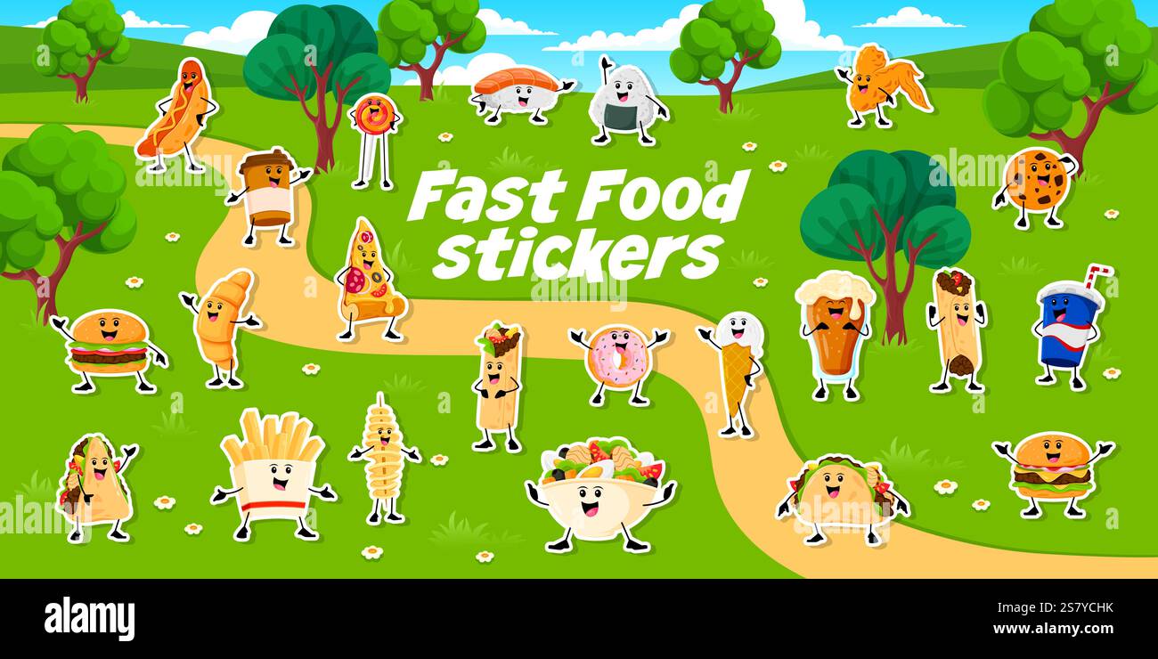 Cartoon funny fast food characters stickers pack. Fast food menu hotdog ...