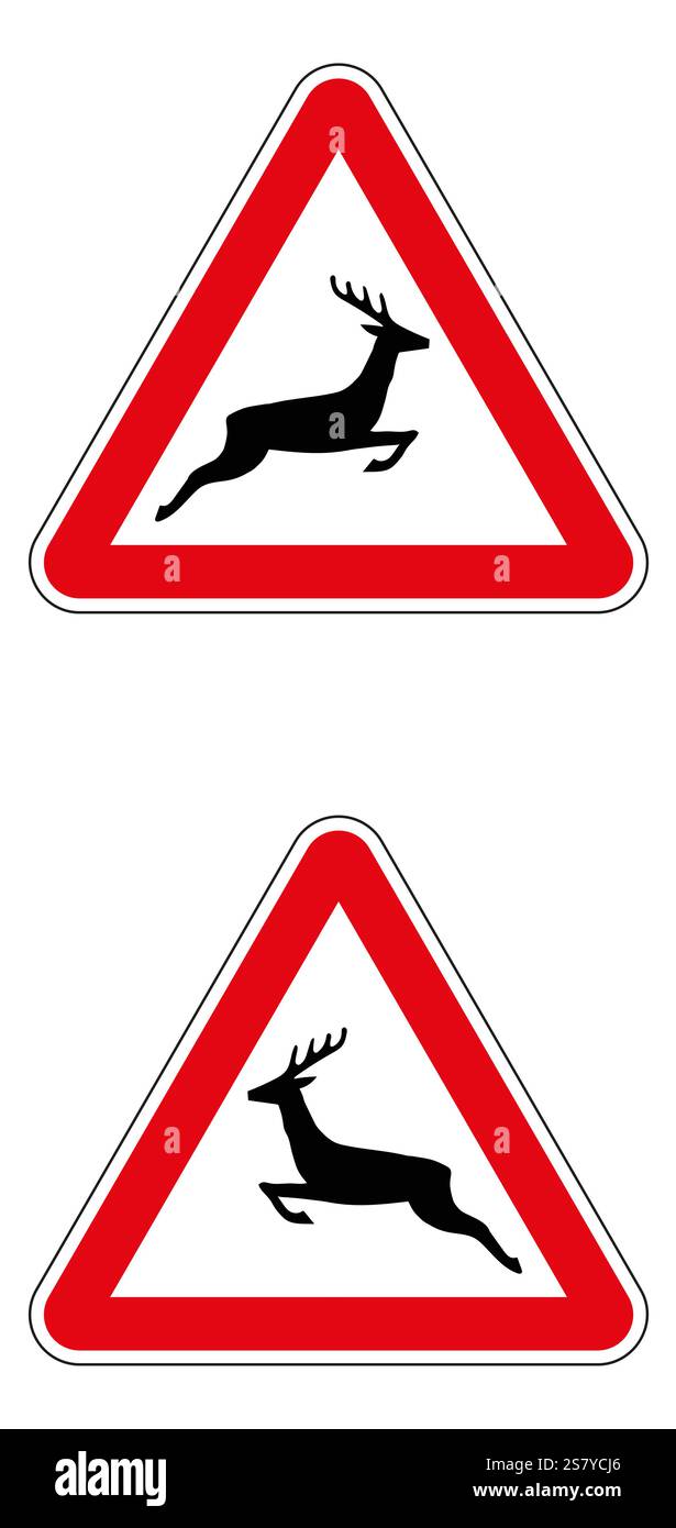 Red and white triangular road sign warning drivers about leaping deer ...