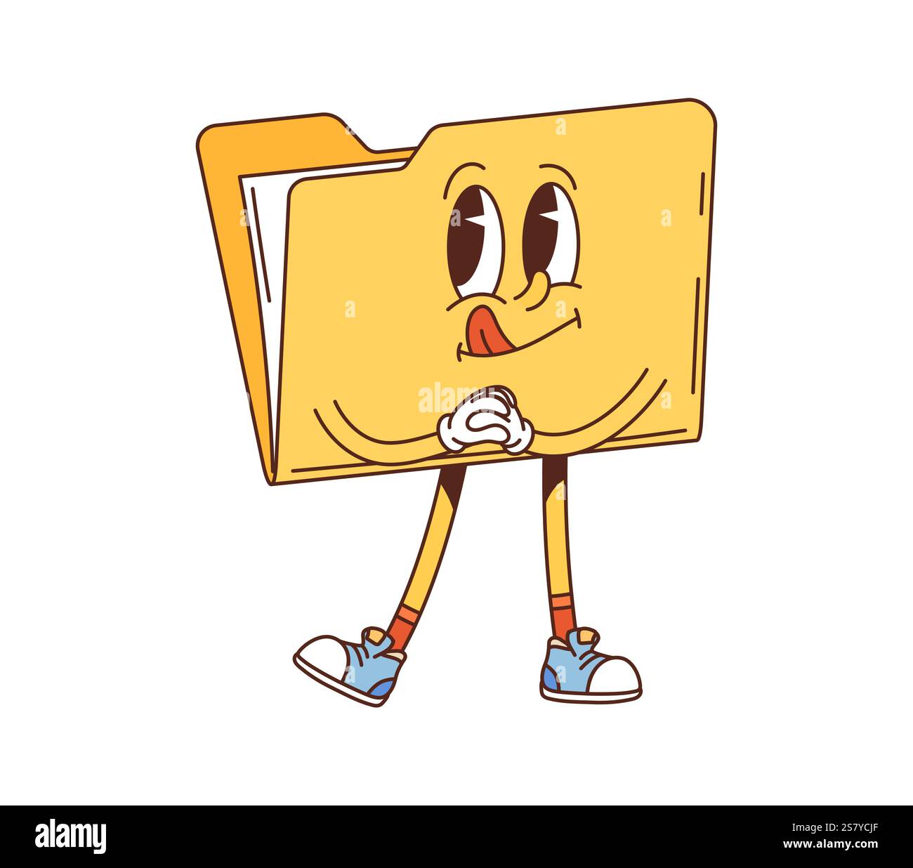 Cartoon groovy computer folder character with yellow body, joyful face ...