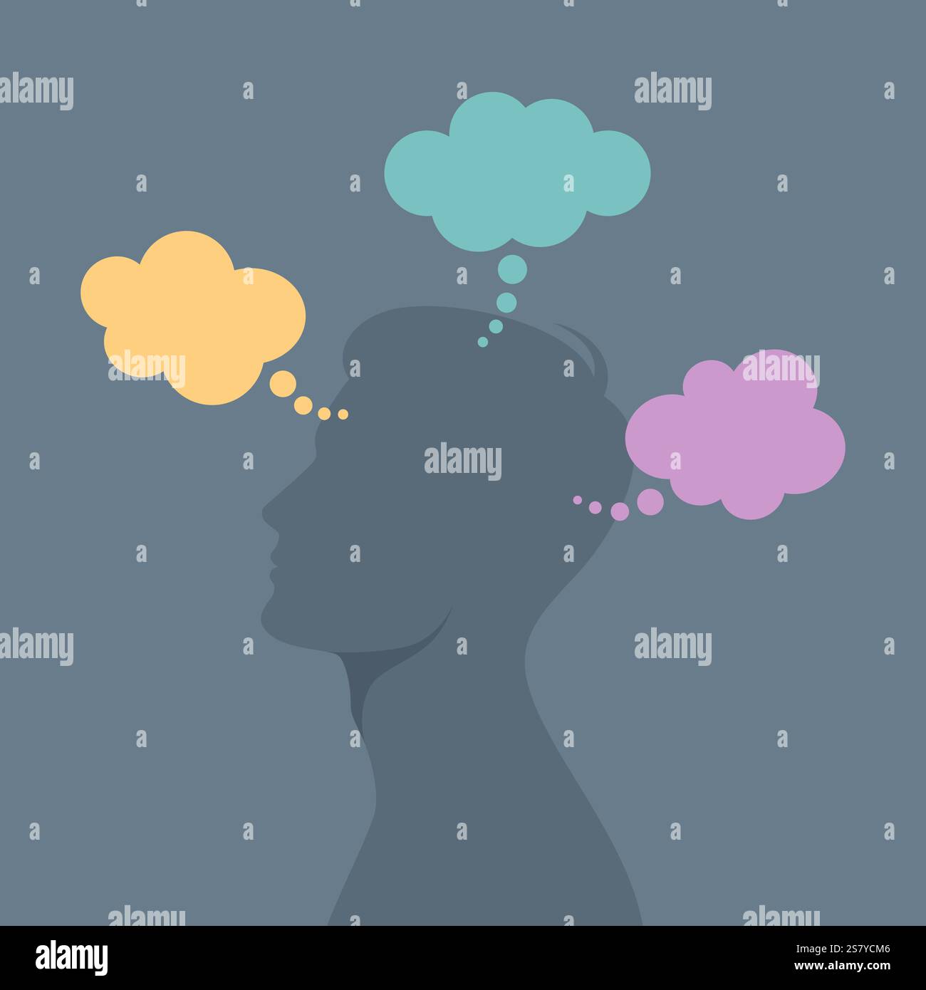 Gray male side silhouette with colored thought bubbles around, flat ...