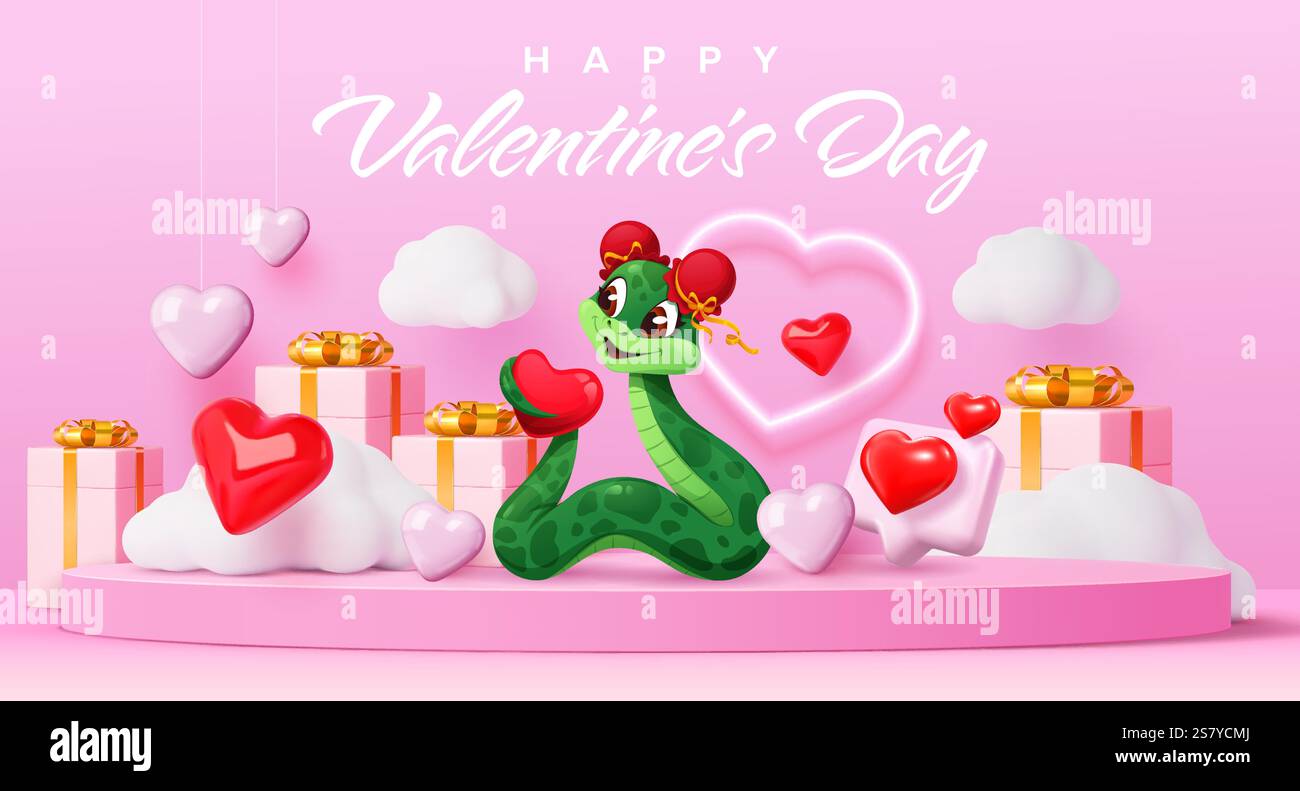 Funny cartoon snake with hearts on Valentine day pink podium, vector ...