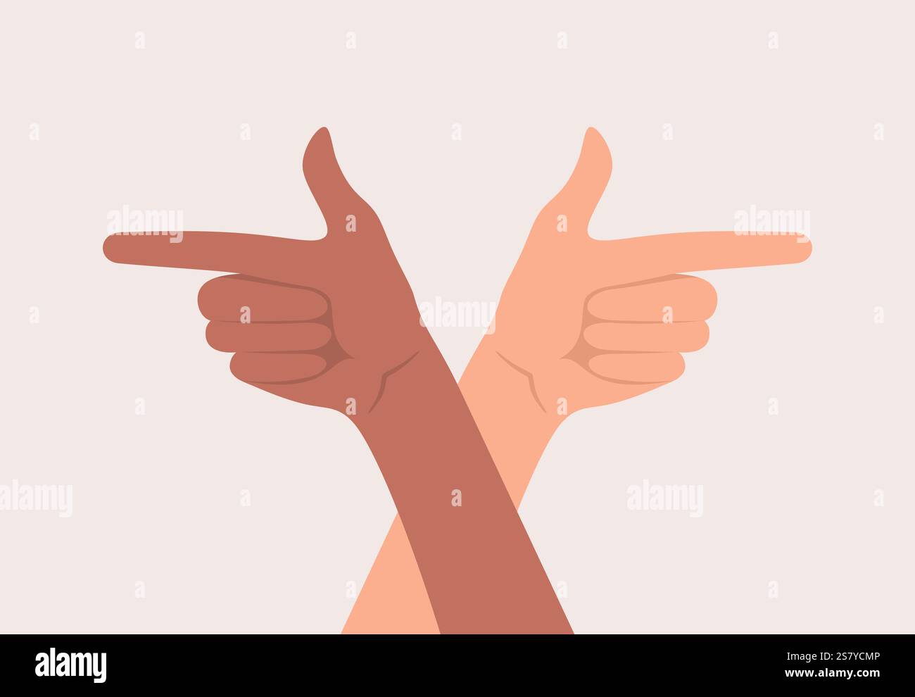 Two hands of people of different skin tones pointing with index fingers ...