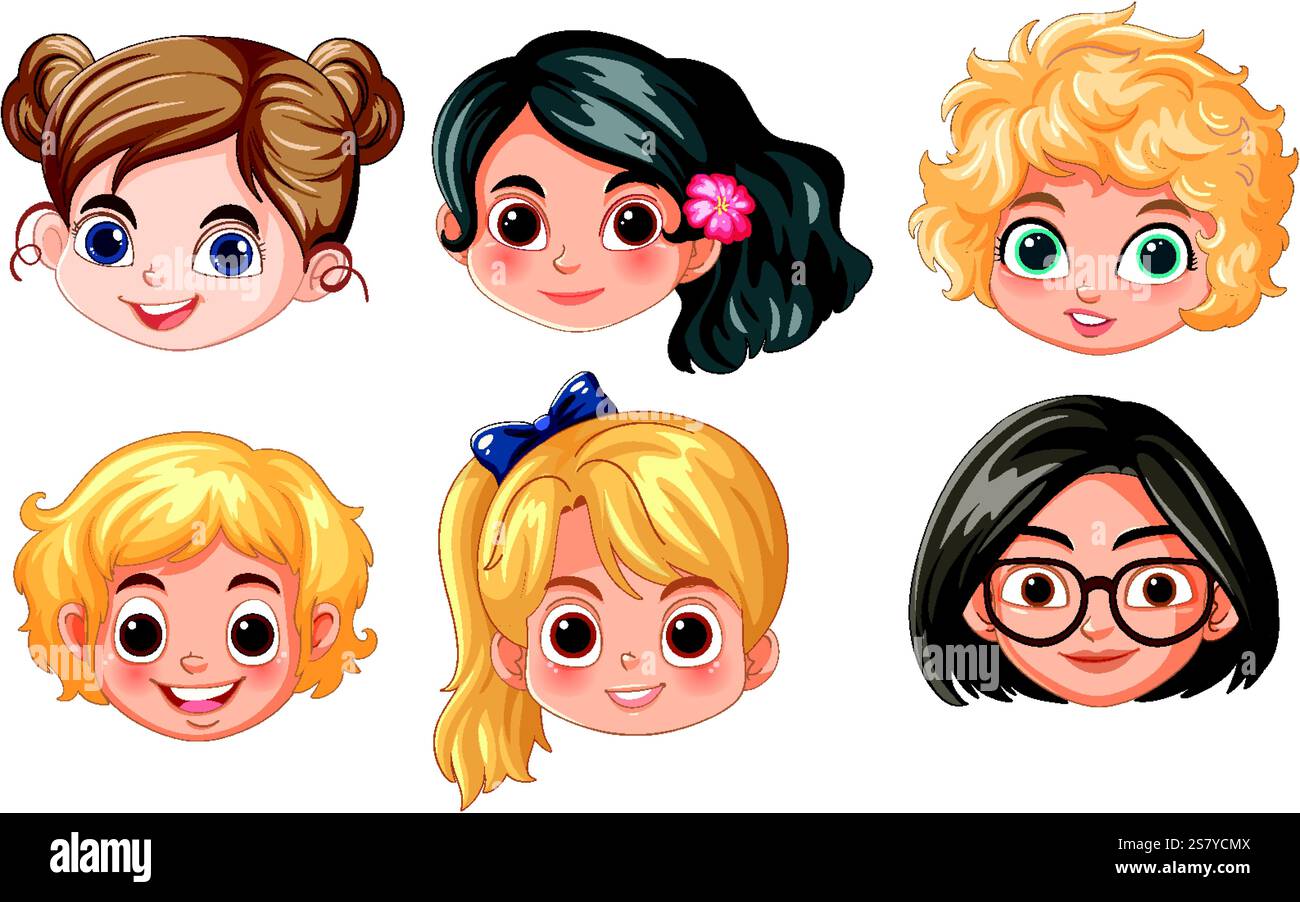 Six diverse cartoon faces with unique hairstyles Stock Vector Image ...