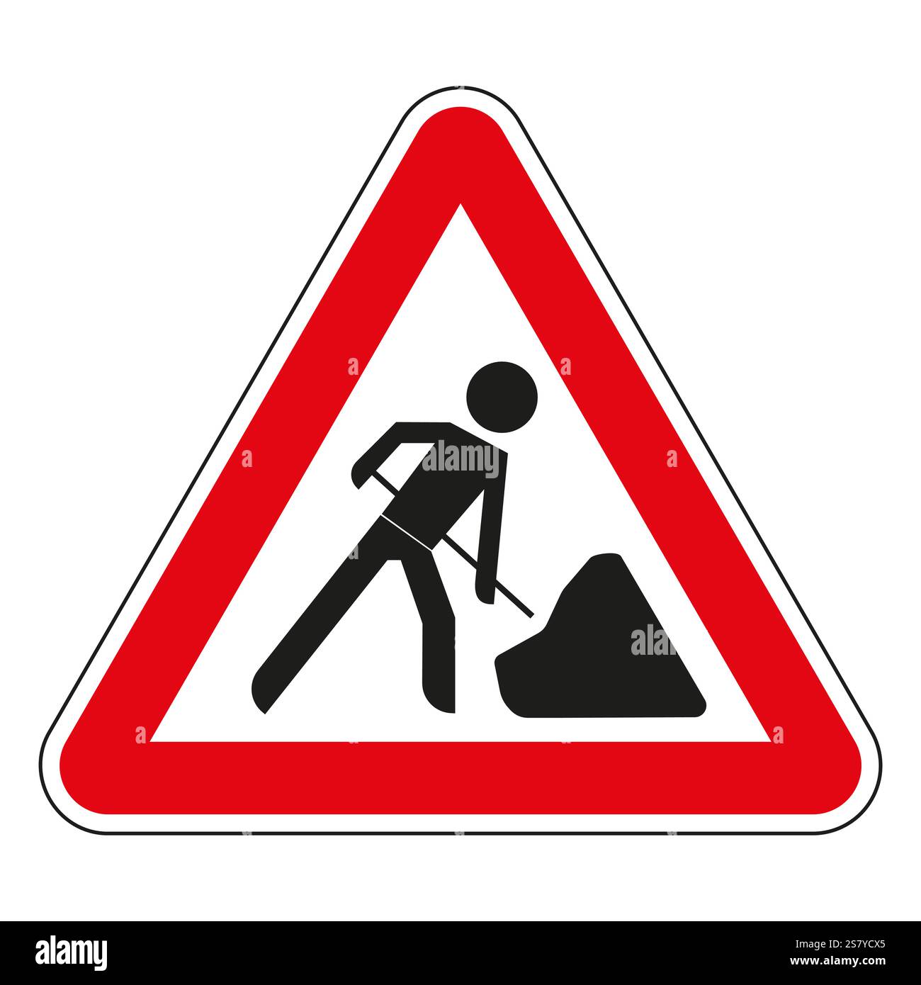 A road sign with a red triangle indicating construction work in ...