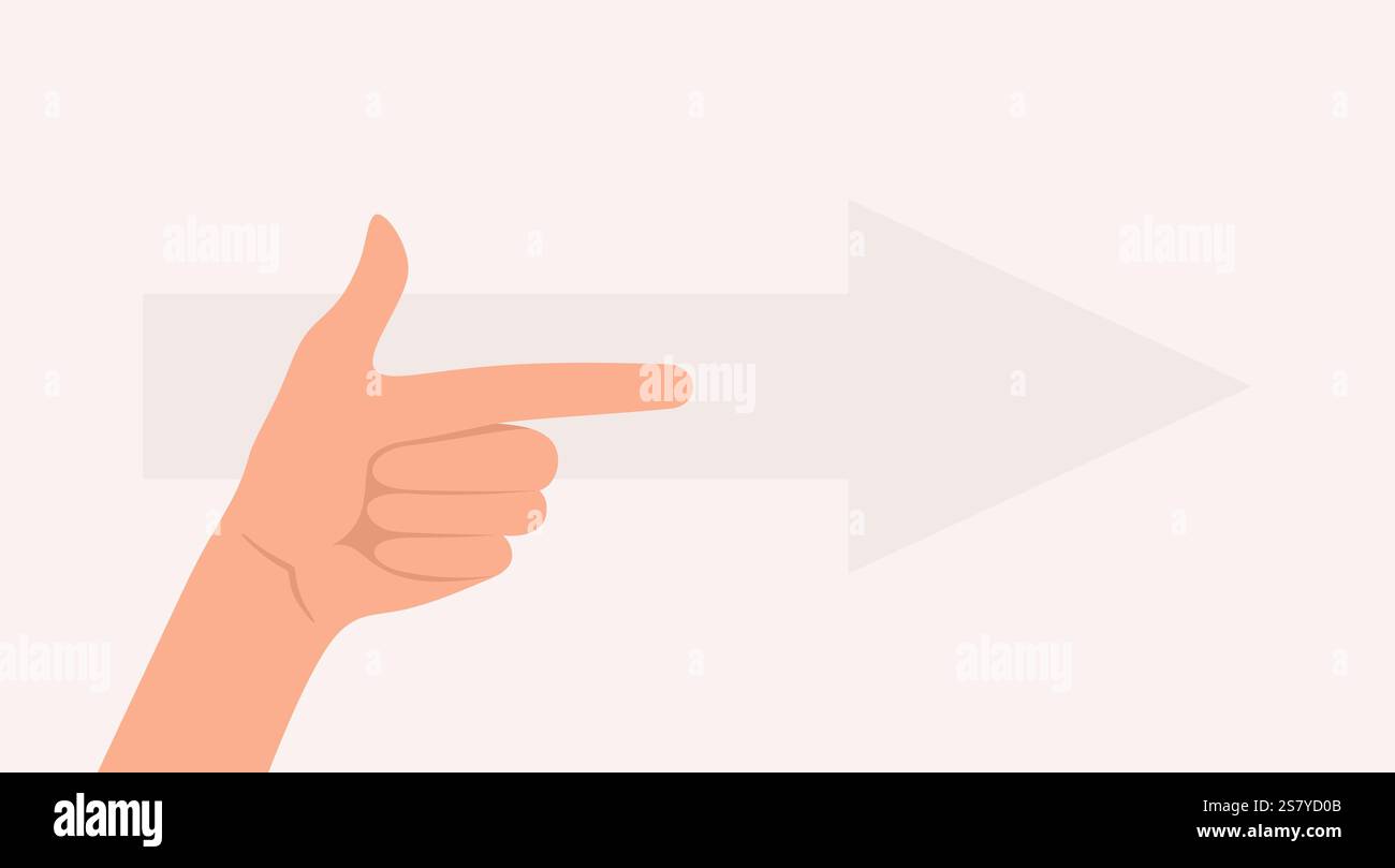 Human hand pointing with index finger to the right and arrow on beige ...